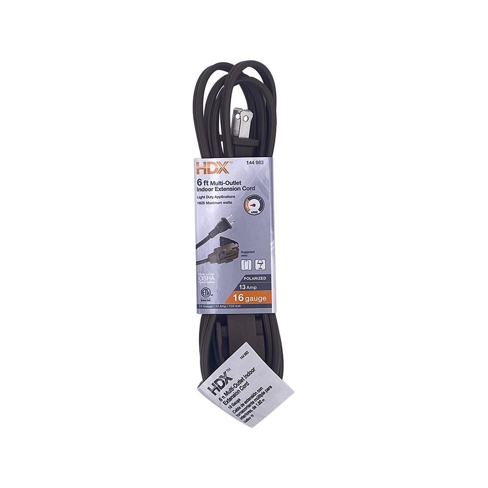 HDX 6 ft. 16/2 Light Duty Indoor Multi-Outlet Extension Cord, Brown ...
