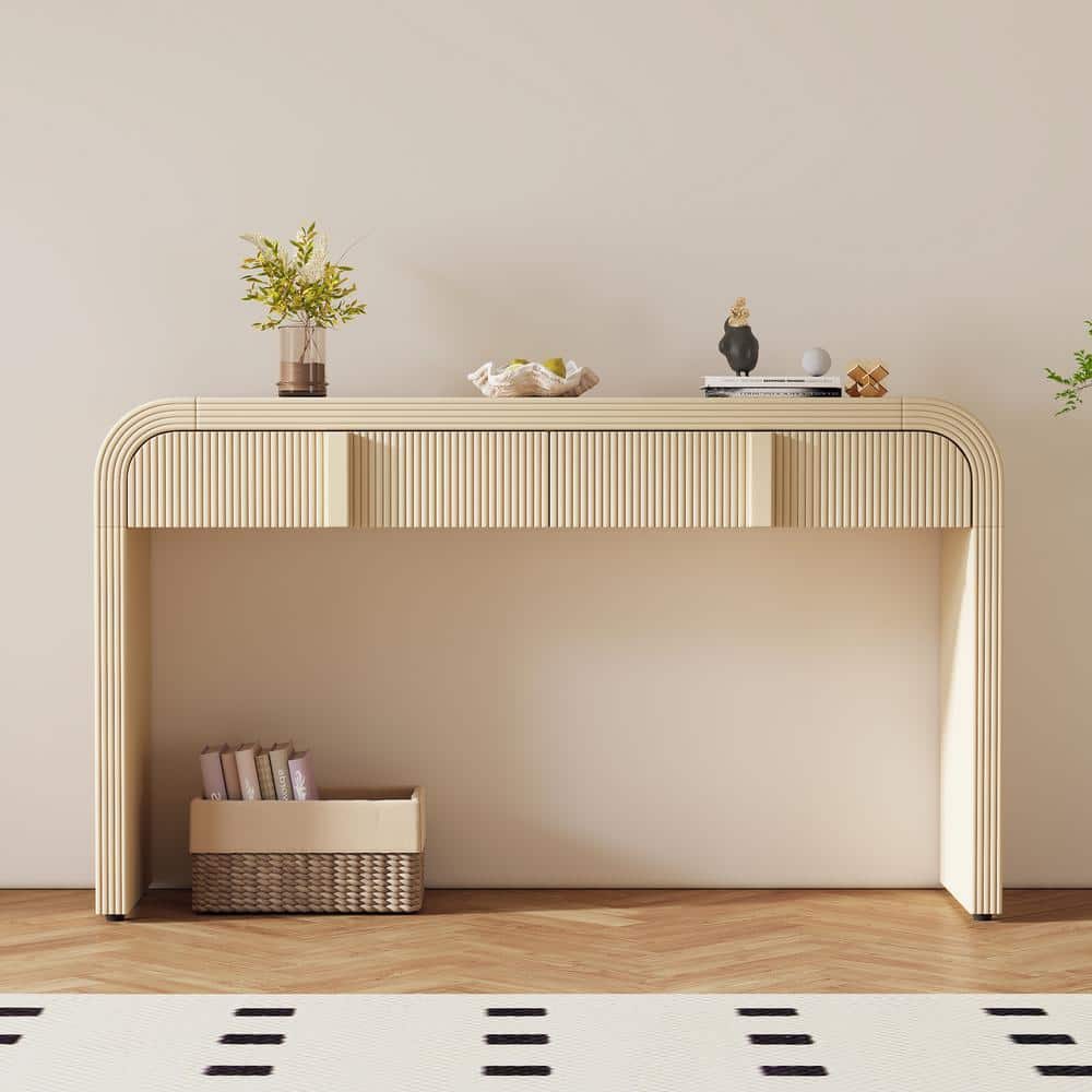 Qualler 55 in. Apricot Cream Rectangle MDF Console Table with 2-Drawers ...