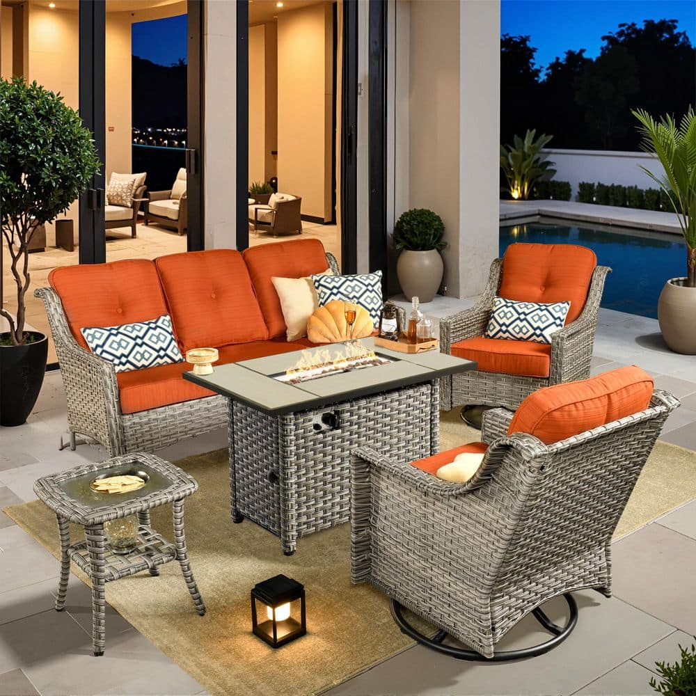 XIZZI Delicacy 5-Pieces Wicker Outdoor Patio 42in. Rectangular Fire Pit ...