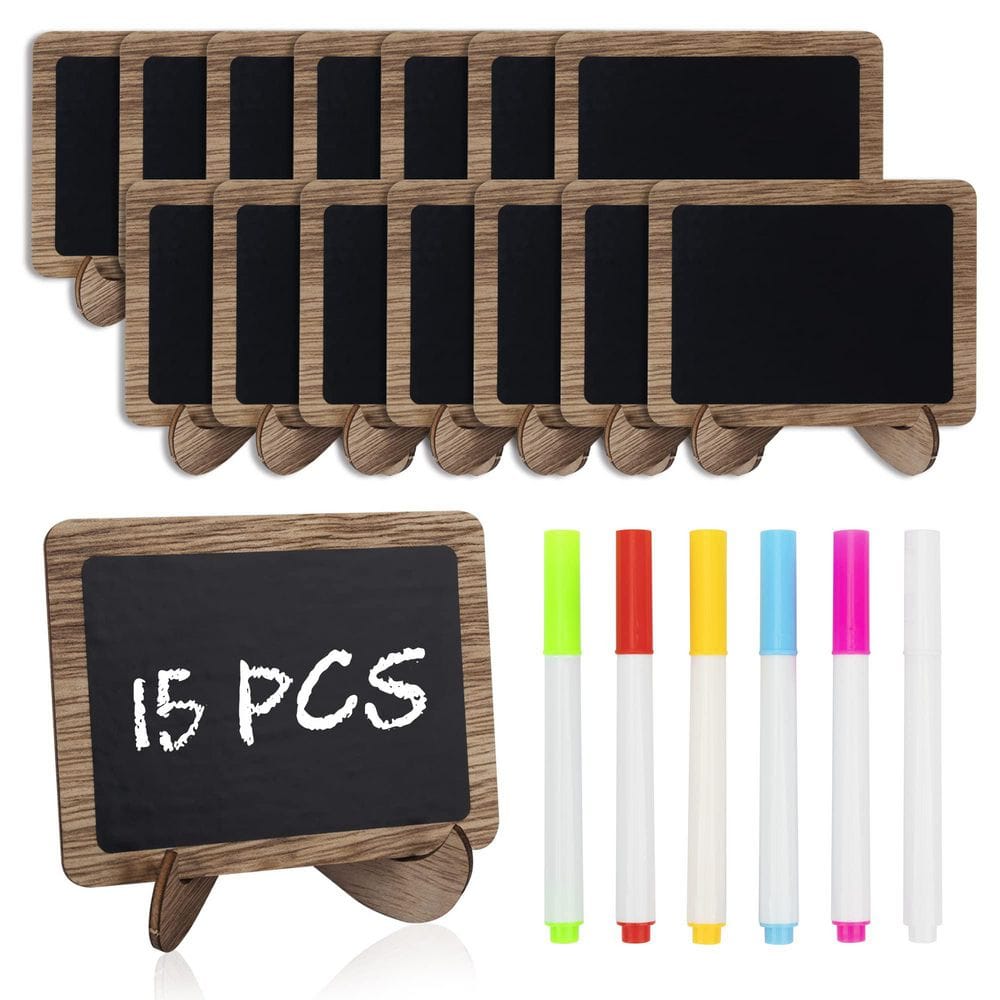 Afoxsos 15-Pack Mini Chalkboard Signs with 6 Color Chalk Markers Wooden ...
