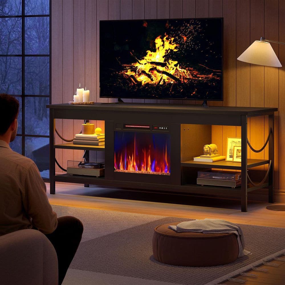 PINMOCO 55 in. TV Stand with Electric Fireplace LED Gaming Entertainment Center with Open ...