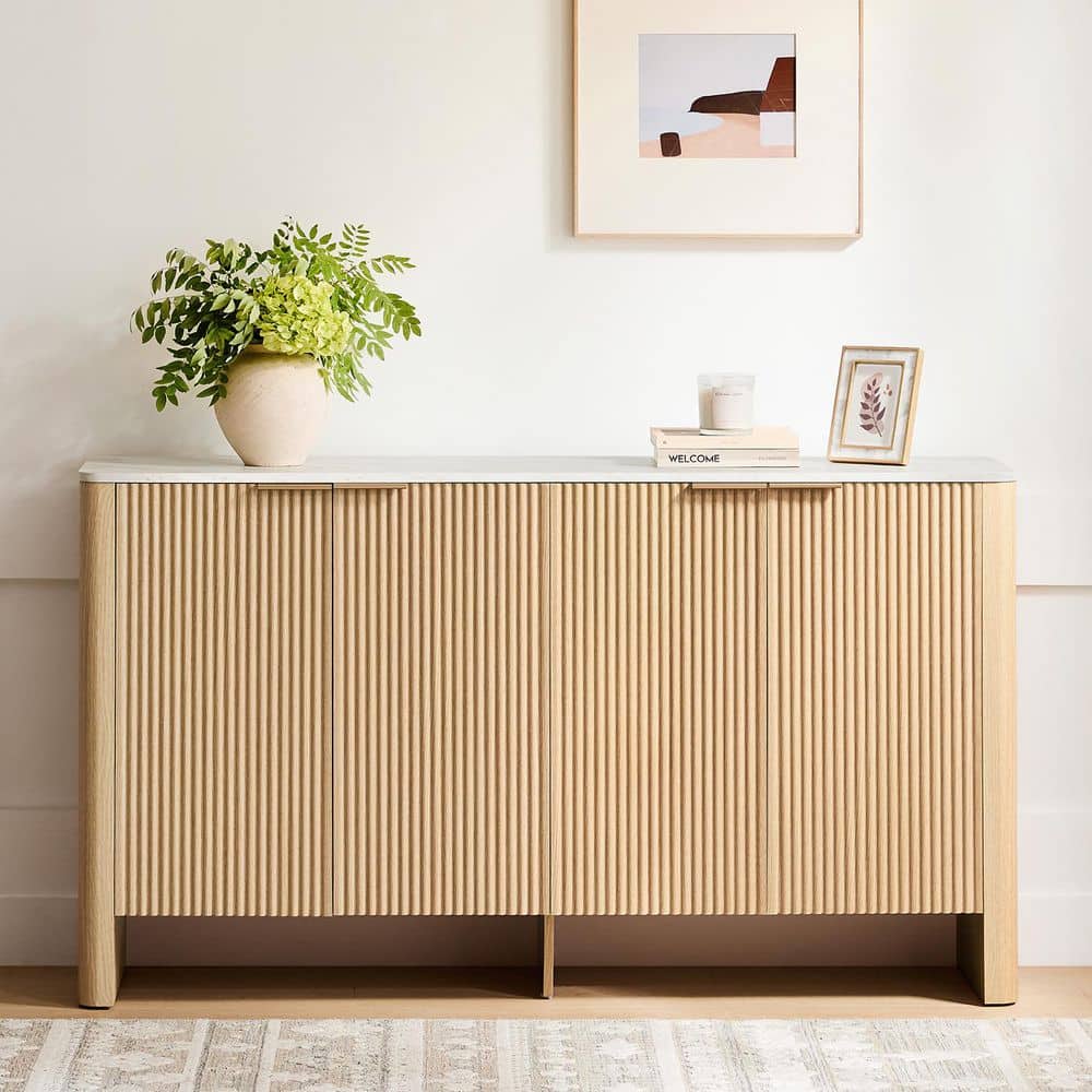 Spruce & Spring Caleb Oak/Faux Marble Wood Spacious Modern Sideboard ...