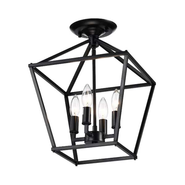 Edvivi Renzo 12 in. 4-Light Matte Black Cage Lantern Farmhouse Semi-Flush Mount ESL1335BK - The ...