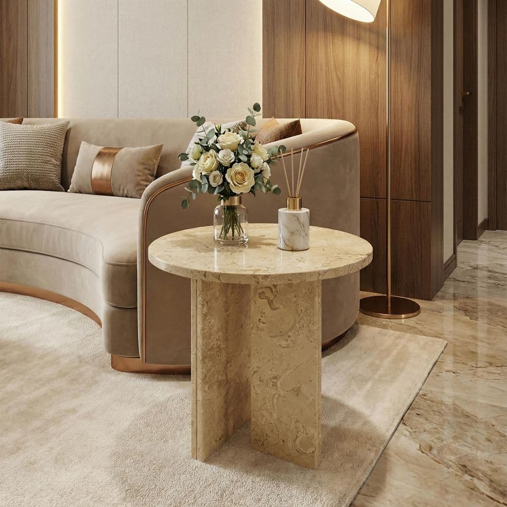 Noble House Fiszel 17.7 in. Gold Round Marble Stone End Table, Natural ...
