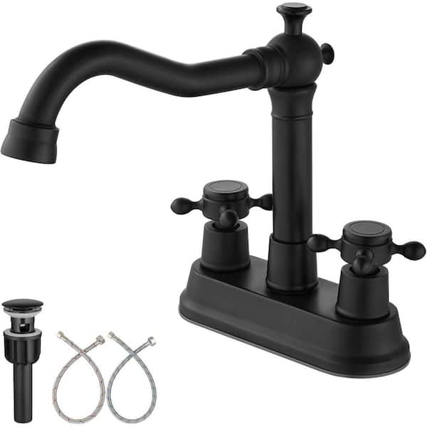 4 in. Centerset Double Handle High Arc Bathroom Faucet with Drain Kit Included in Matte Black ...