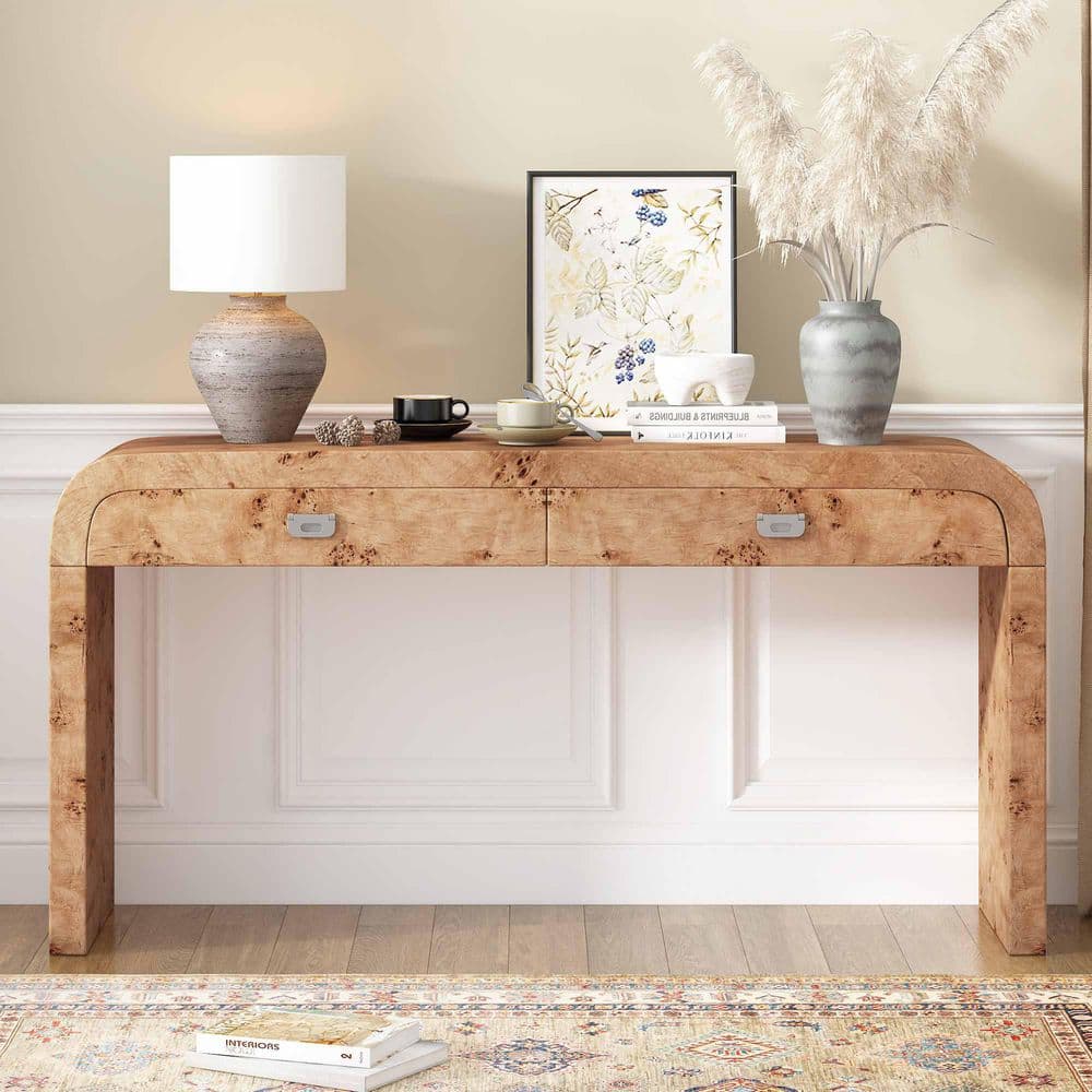 Polibi 60 in. Natural Wood/Brown Rectangle Wood Console Table Entryway ...