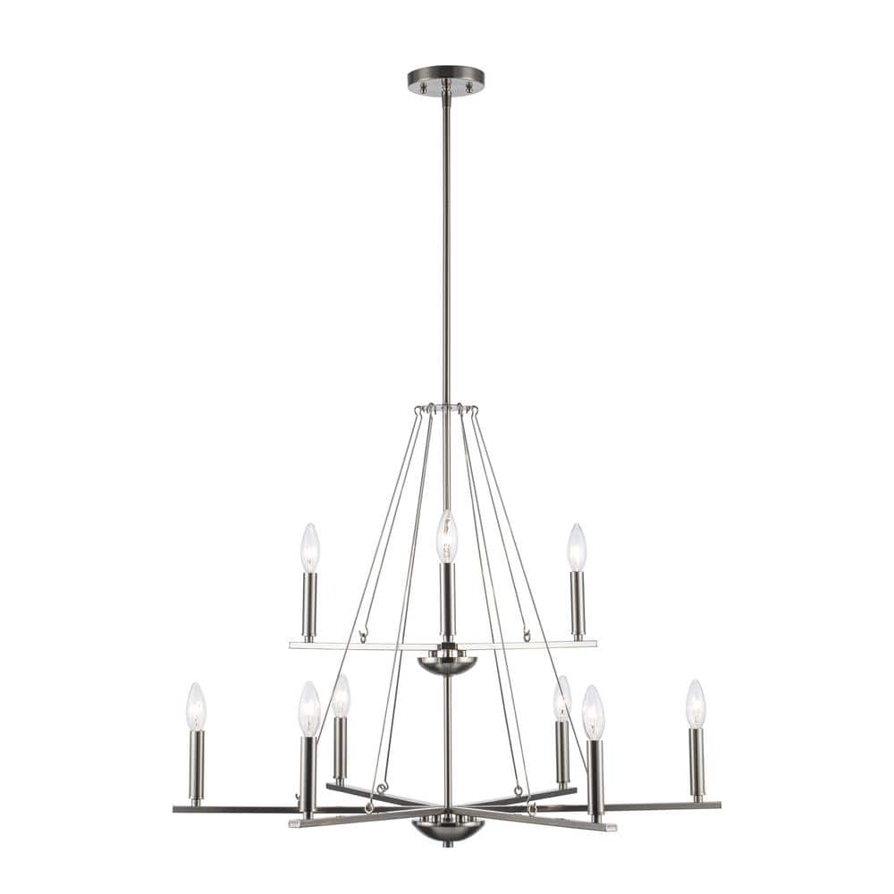 Hampton Bay Amreen 9-Light Brushed Nickel Tiered Candle Chandelier ...