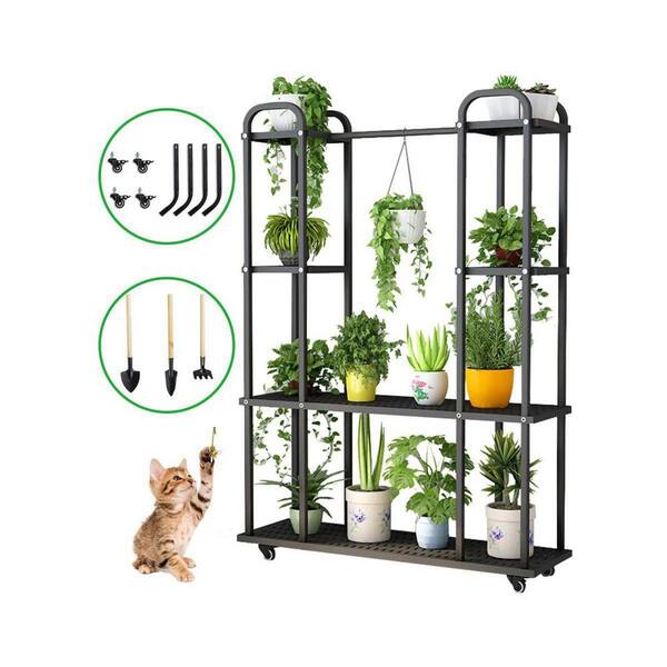 Black Metal Plant Stand with Wheels, Movable Plant Stand for Indoor and ...