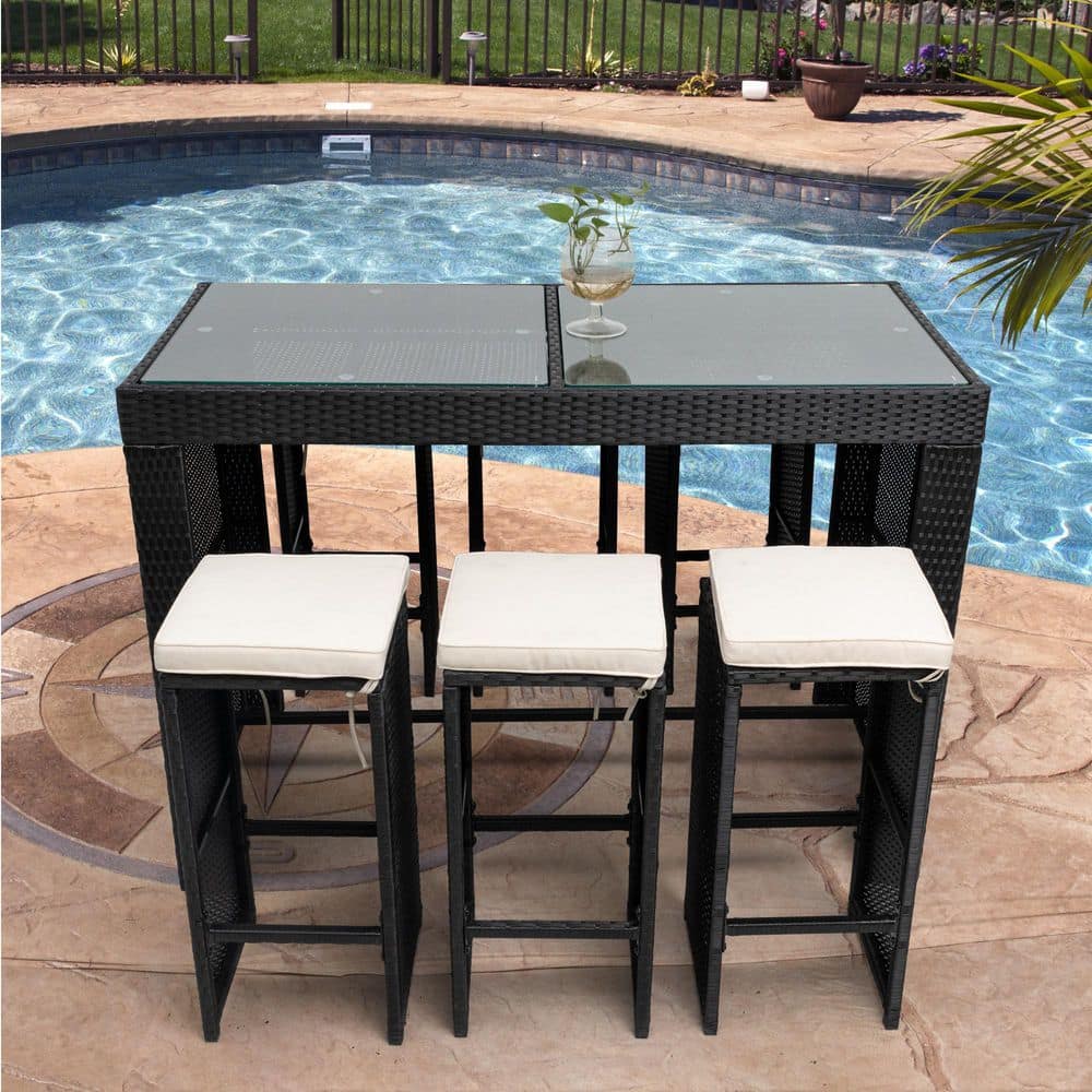 Tunearary 7-Piece Wicker Outdoor Bar Set 6 Stools 1 Table with Cushions ...