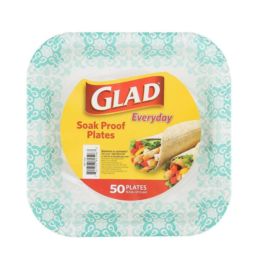 Glad 8.5 in. Square Paper Plates Aqua Victorian (50-Count) BBP15066 ...