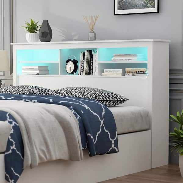 FUFU GAGA 5 Shelves White Wood Full Queen Headboard Shelf With LED Lights KF310006 02 c The Home Depot