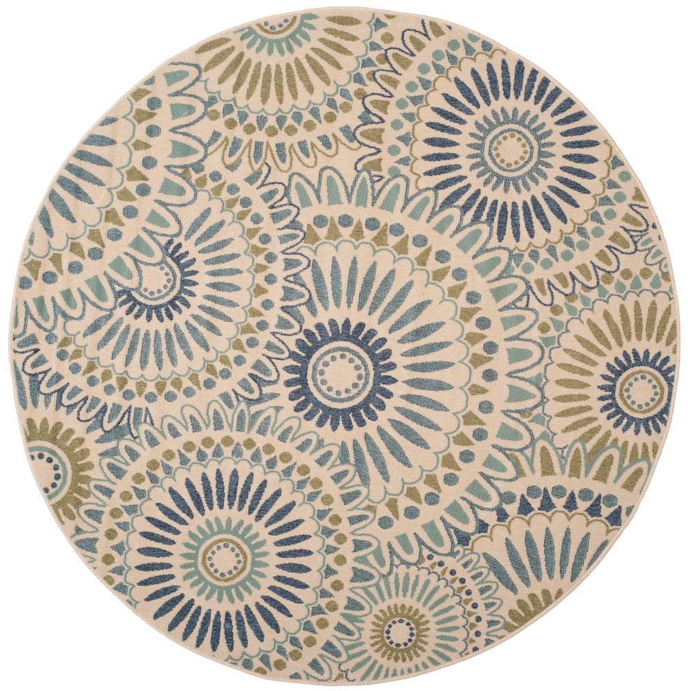 SAFAVIEH Veranda Cream/Green 7 ft. x 7 ft. Round Floral Indoor/Outdoor ...