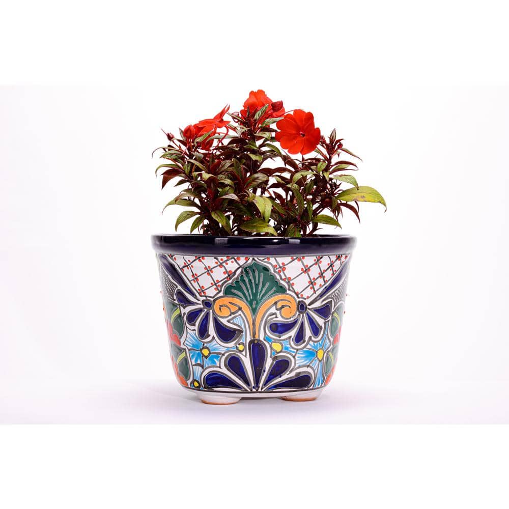Evergreen 10 in. White Floral Talavera Ceramic Rounded Pot Planter ...