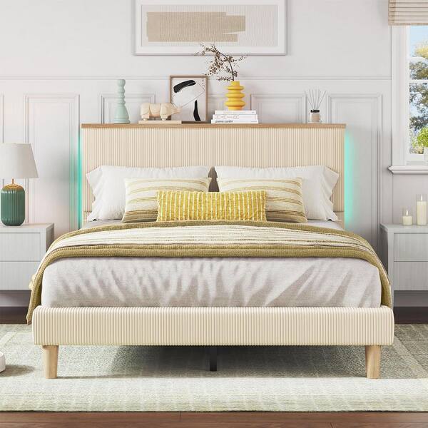 Bestier Beige Wood Frame King Size Fluted Corduroy Fabric Platform Bed ...