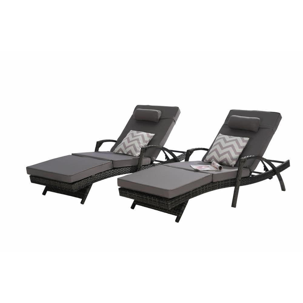 Dark Gray Rattan and Metal 2-Piece Outdoor Chaise Lounge with Cushion ...