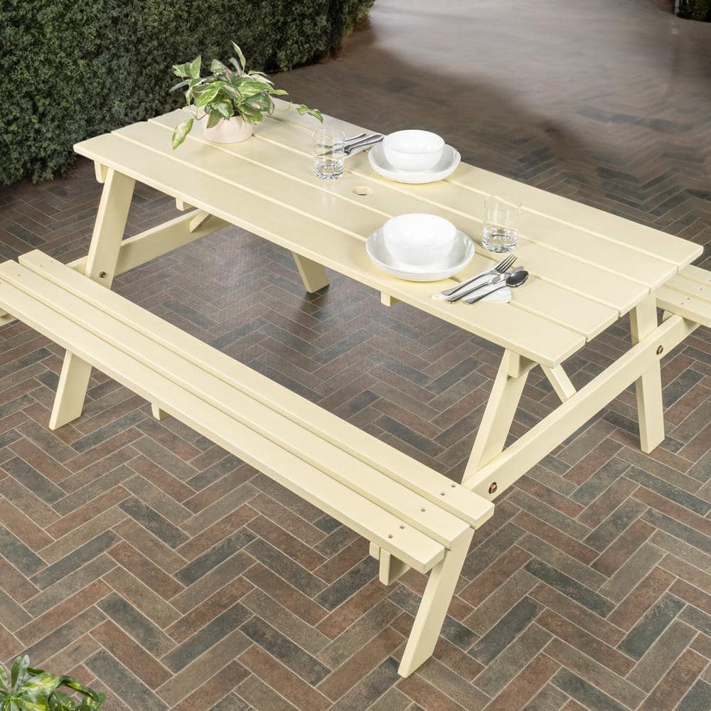 JONATHAN Y Shoreham 59 in. Modern Classic Outdoor Wood Picnic Table Benches with Umbrella Hole ...
