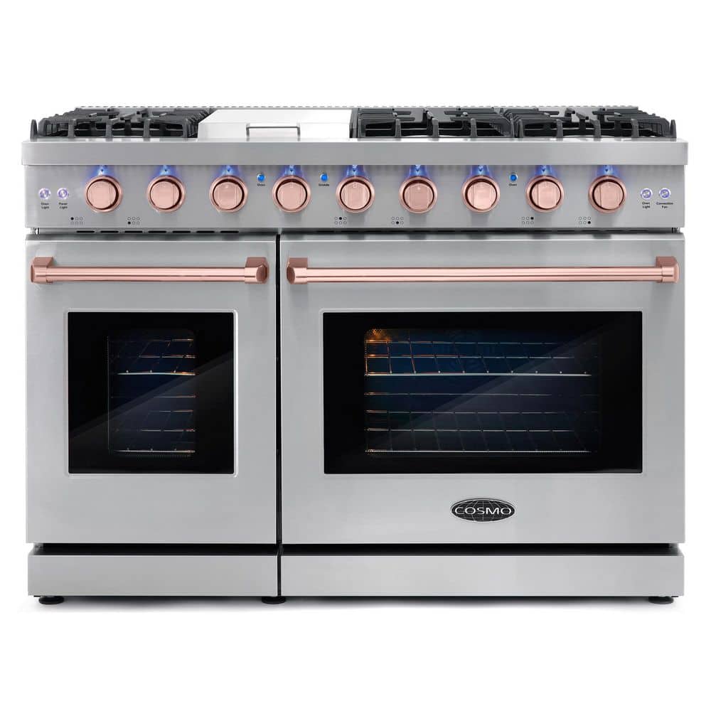 Cosmo 48 in. 7 cu. ft. Double Oven Gas Range, 6-Burners, Griddle, Knob ...