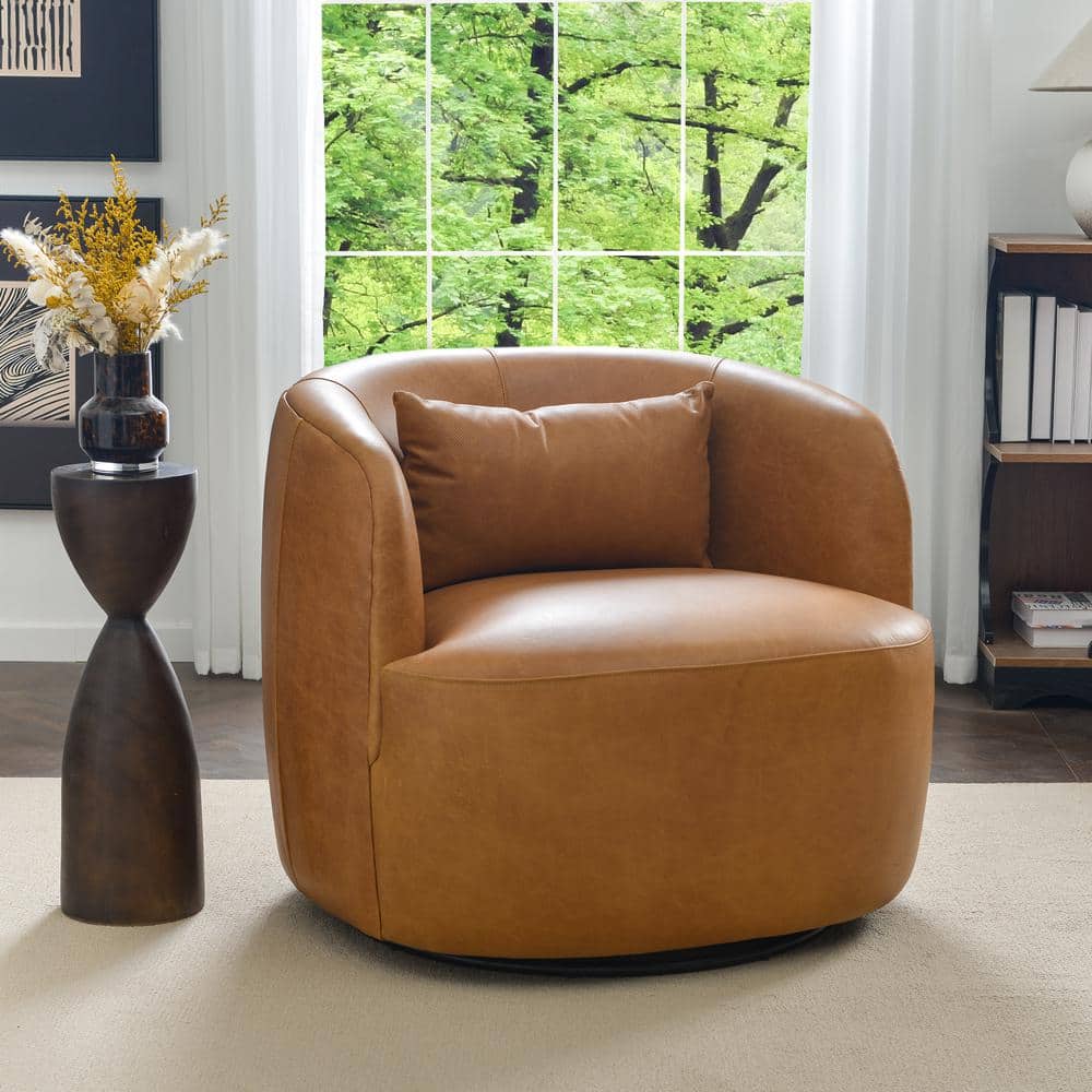 KINWELL Camel Genuine Leather Swivel Barrel Armchair BSC114-CM - The ...