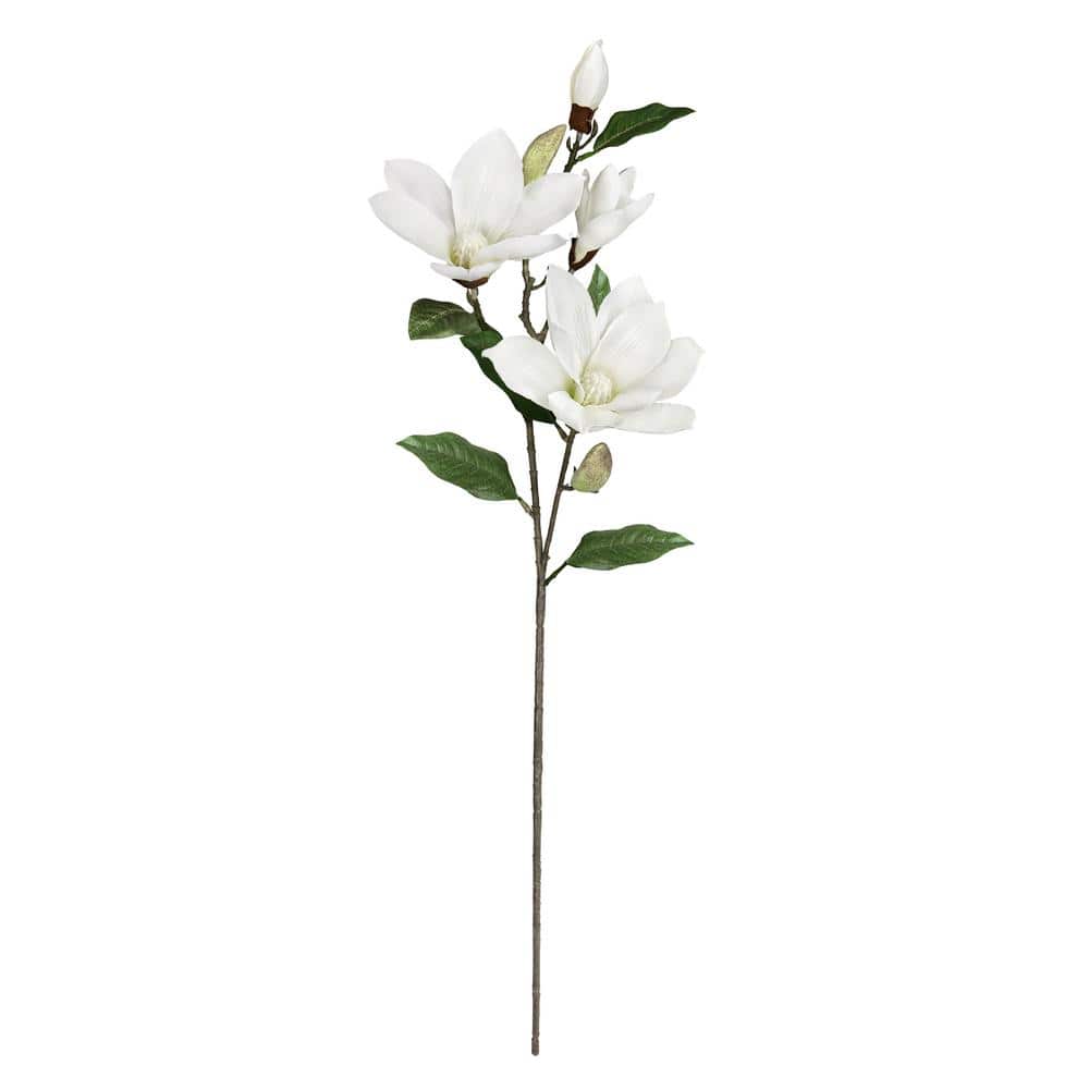 LIVING LUXURY 32 in. White Artificial Magnolia Flower Stem Spray (Set ...