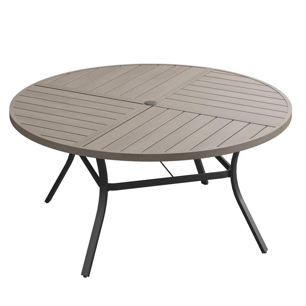 DIFY 50 in. Grey Wood-Like Round Outdoor Metal Patio Dining Table for 6 ...