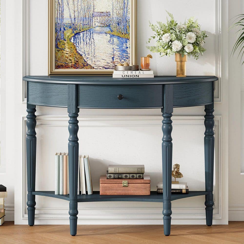 Polibi 39 in. Navy Half-Moon Wood Console Table with Drawer and Shelf ...