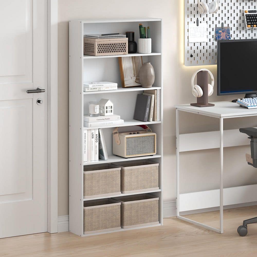Furinno Basic 52.76 in. Tall White Wood 6-Shelf Bookcase with Open ...