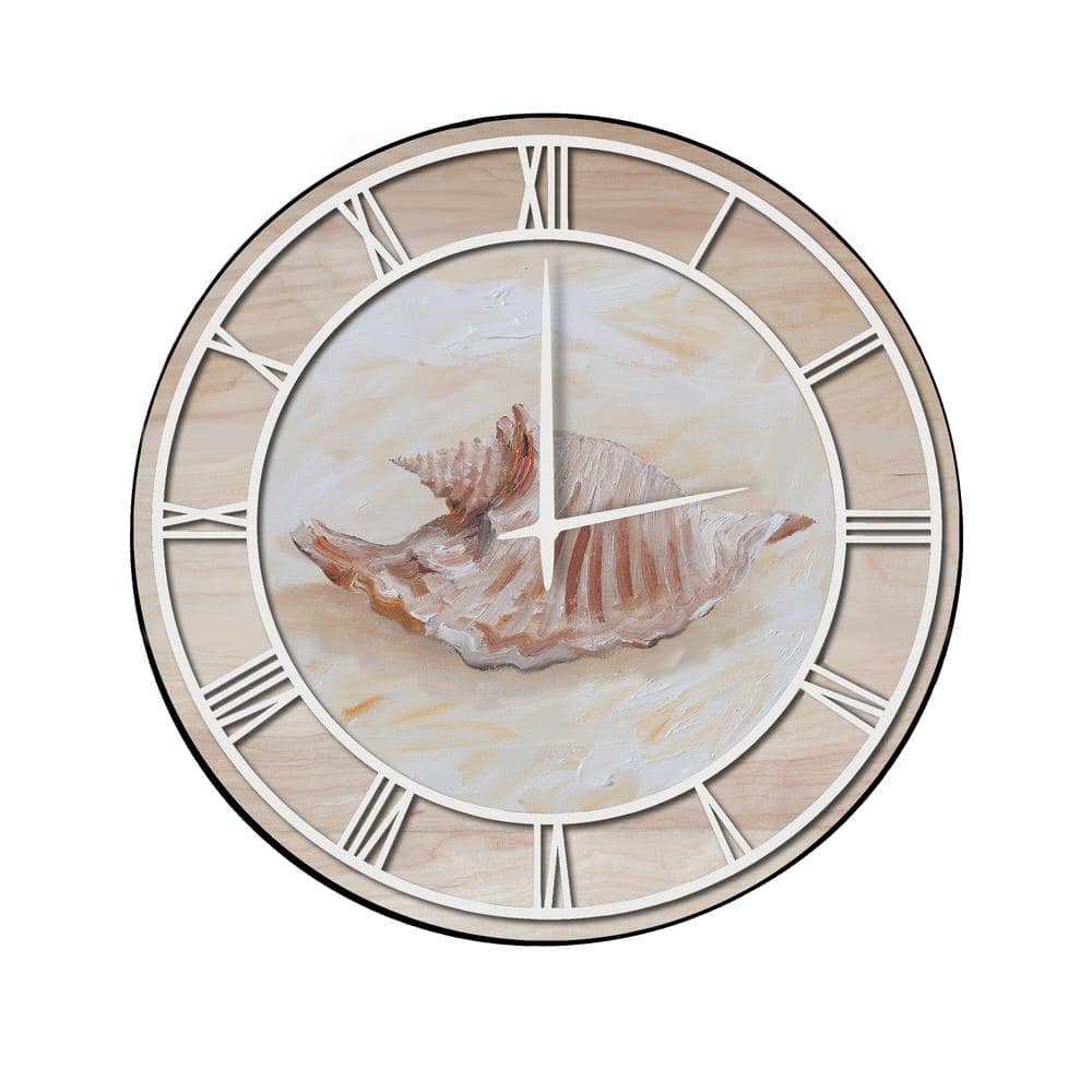 "Sea Shell #3" Woodgrain Accent and White Numbers Imaged Wall Clock CL ...