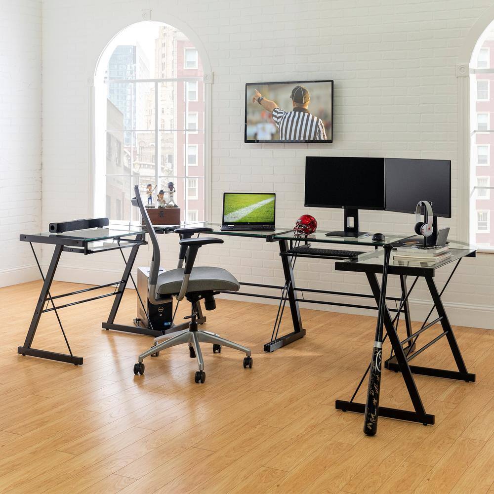 Welwick Designs 102 in. U-Shaped Black Metal Glass Top Computer Desks ...