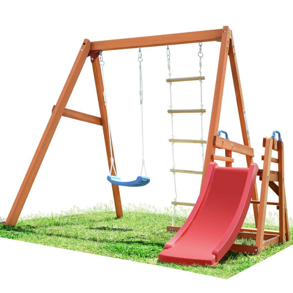 Tidoin Natural Wooden Outdoor Swing Set with Slide, Climbing Ladder and ...