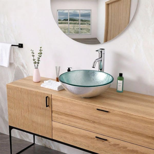 Qidian 15.5 in. Silver Oval Tempered Glass Vessel Bathroom Sink with ...