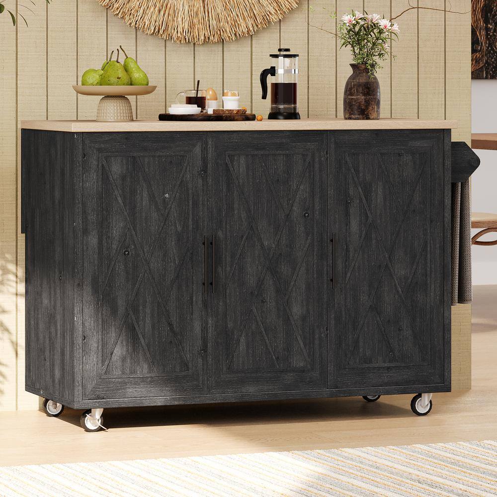 Xzkai Black Wood 51.2 in. Geometric Twill Stripe Textured Design Kitchen Island with 3 Doors ...