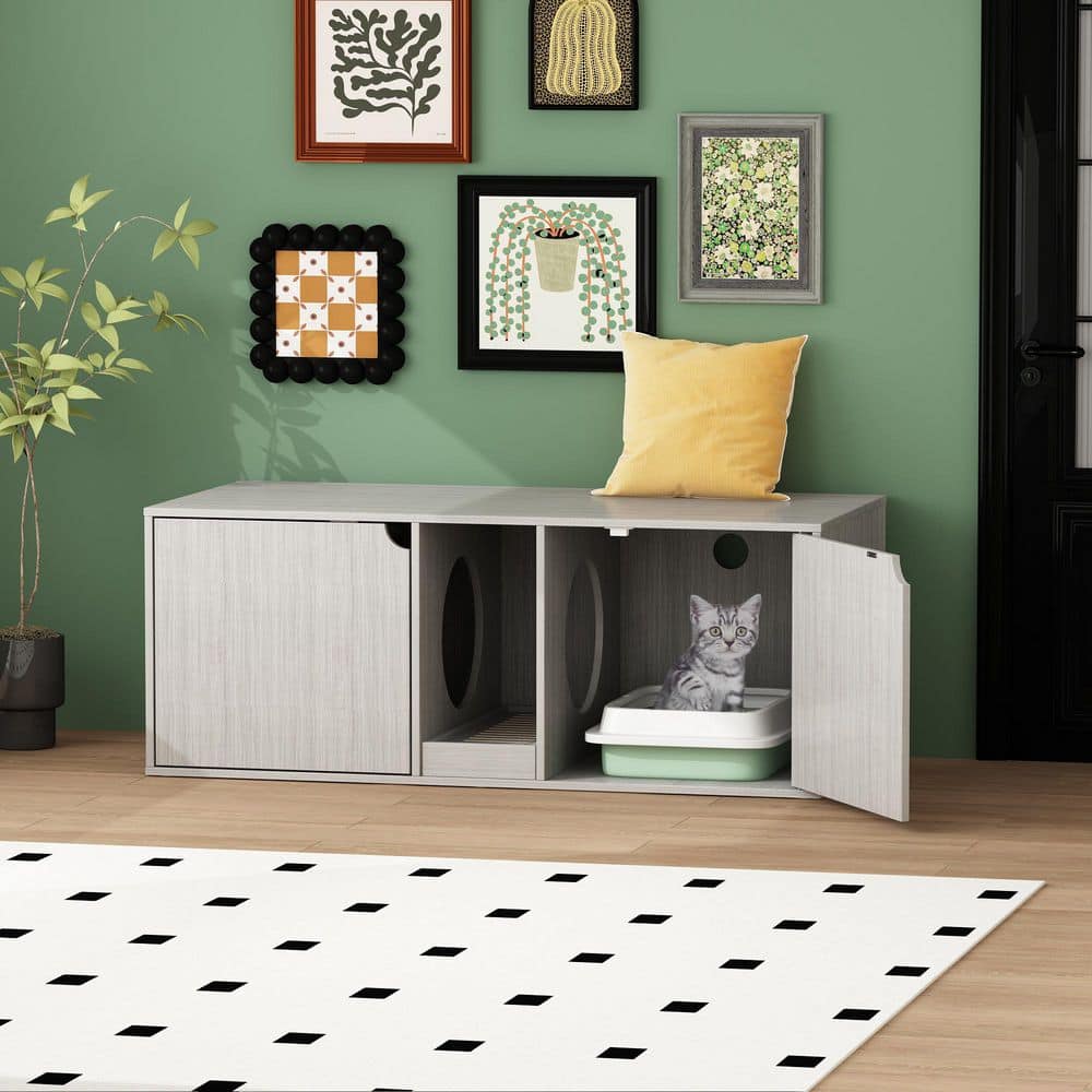 FUFU&GAGA Gray Cat Litter Box Enclosure for 2 Cats, Indoor Wood ...