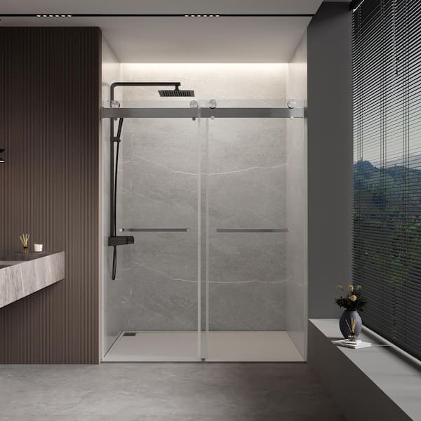JimsMaison 60 in. W x 76 in. H Double Sliding Frameless Shower Door in Brushed Nickel Finish ...