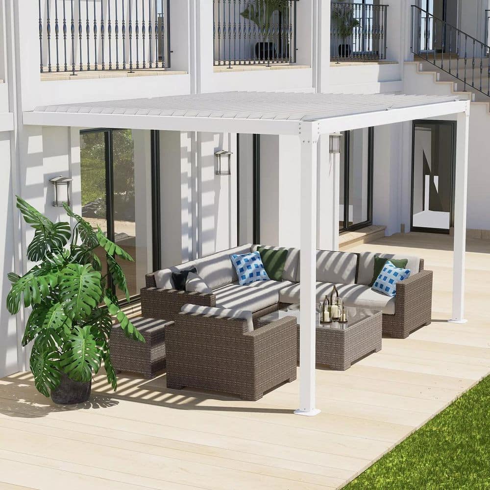 Aoodor 13 ft. x 10 ft. White All Aluminum Frame Patio Cover Wall Mount ...
