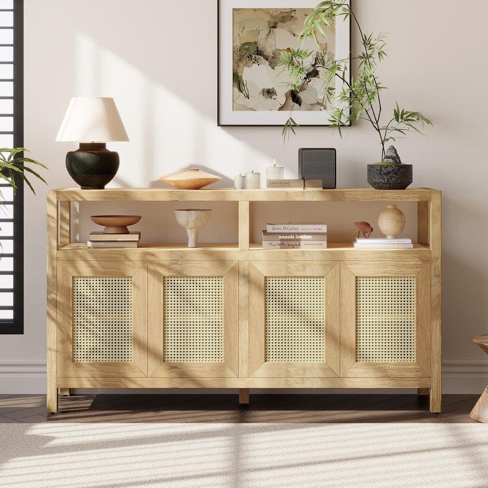 Nestfair Natural Wood 60 in. Sideboard Rattan Buffet Storage No-Handle ...