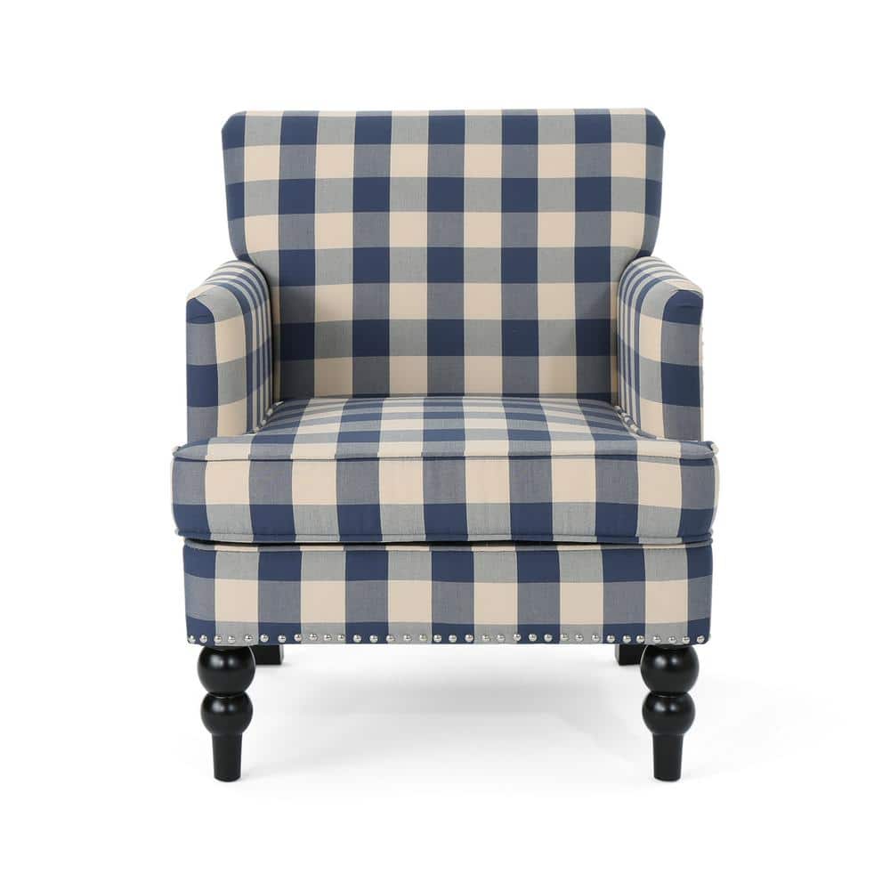 Noble House Harrison Blue Checkerboard Fabric Club Chair with Stud ...
