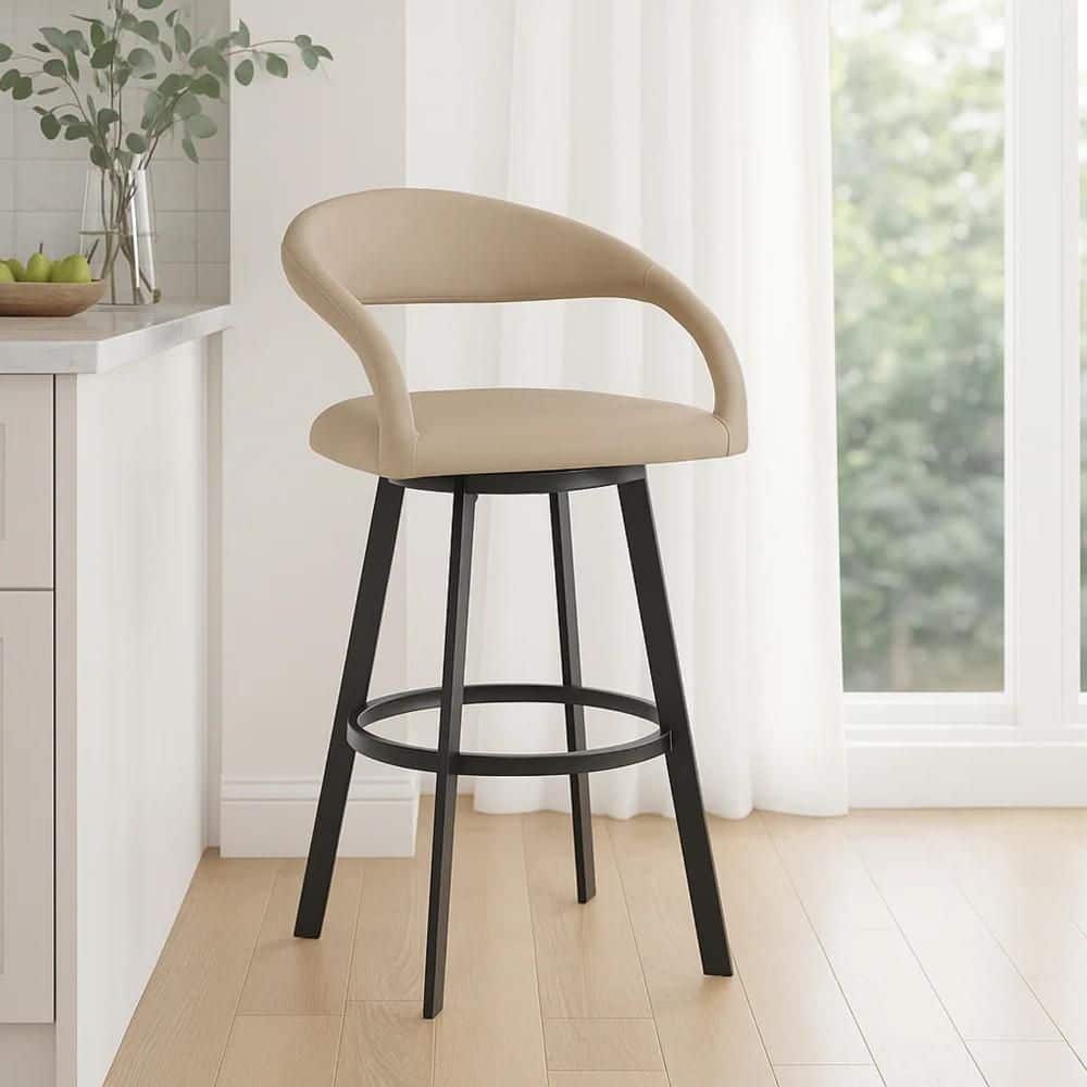Benjara Monie 37 in. H Beige and Black Metal Bar Stool with Faux ...