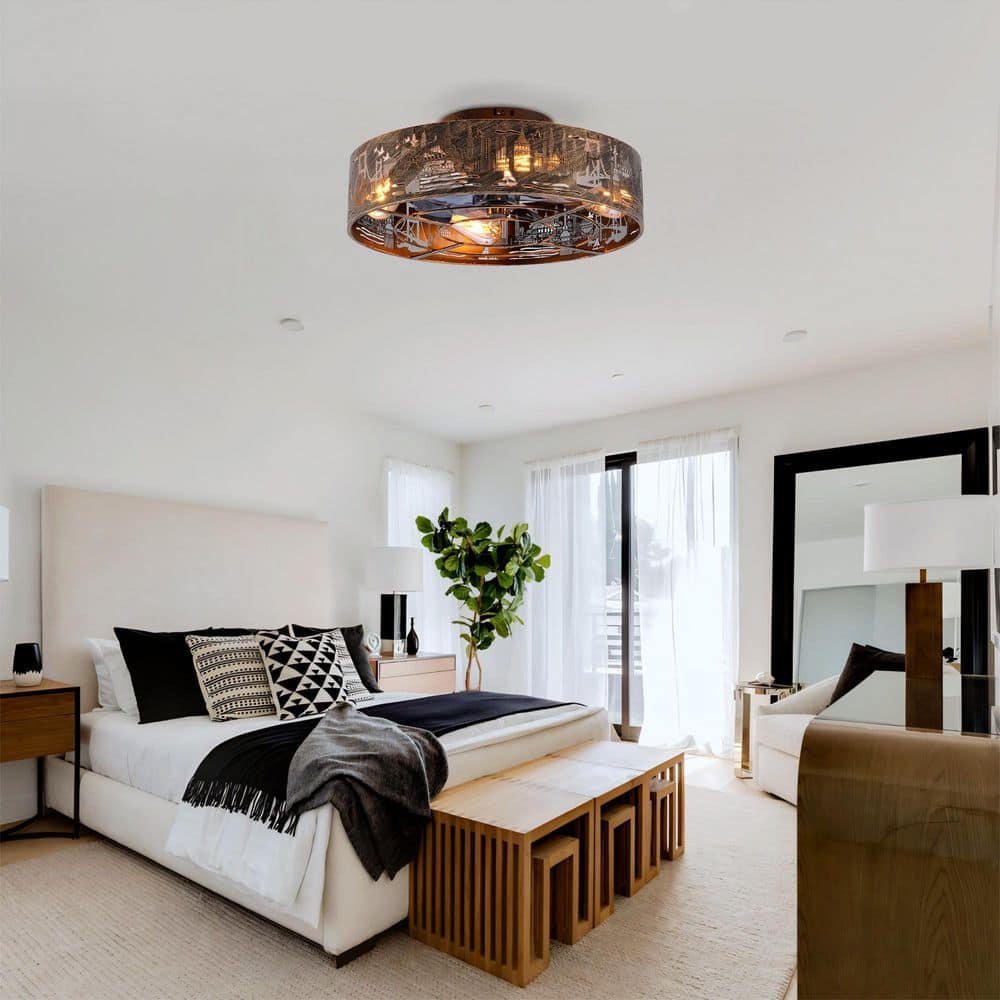 Jushua 20 in. 4-Light Bronze Iron Art Reversible DC Motor Flush Mount ...
