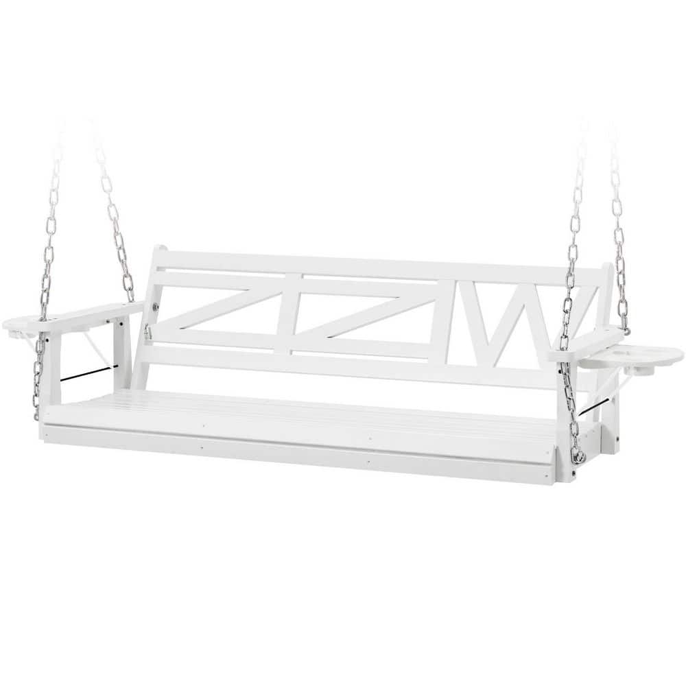 Tenleaf White 3-Person Wood Porch Swing Hanging Swing with Foldable Cup ...
