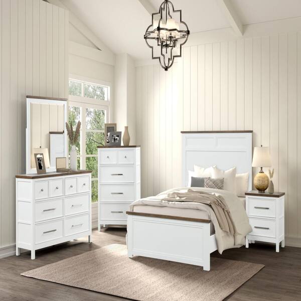 LUCKY ONE White Pinewood Frame Full Platform Bed with Recessed Panels ...