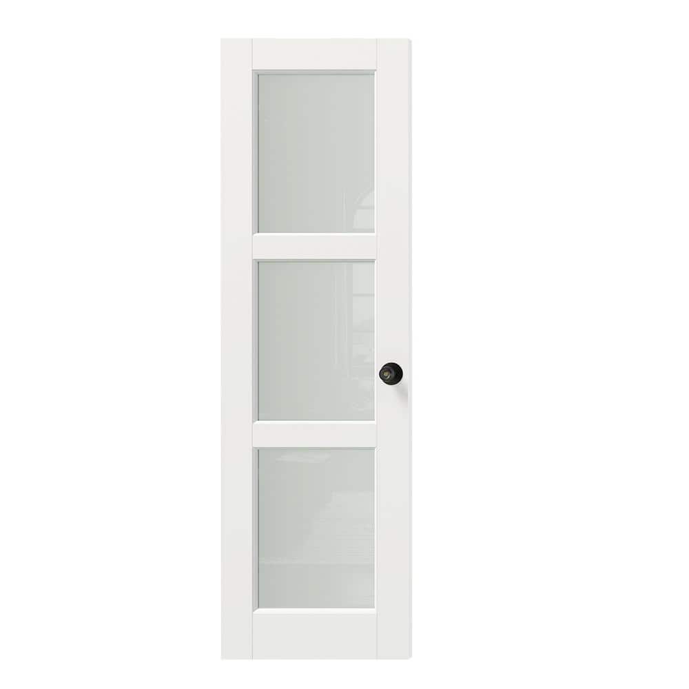 TENONER 24 in. x 80 in. MDF Wood, Primed, White, 3-Lite, Frosted Glass ...