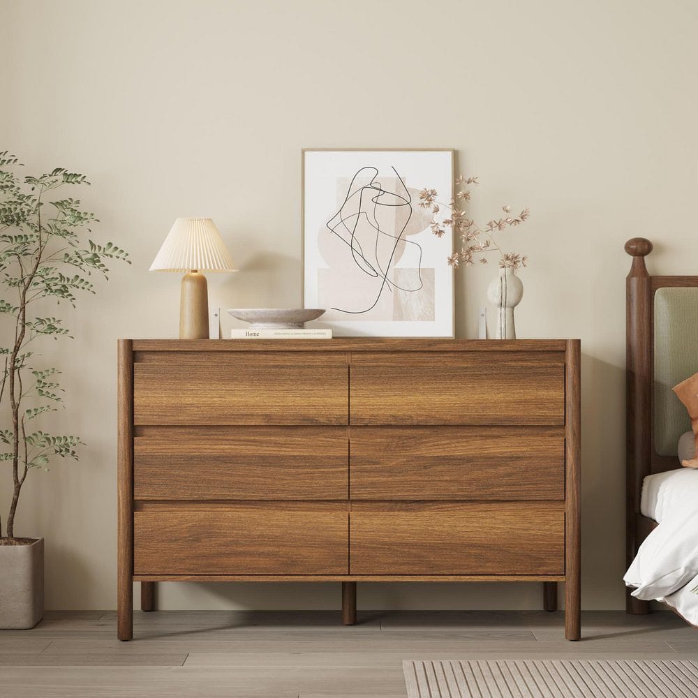 FUFU&GAGA Brown Wood Grain 6-Drawers 47.2 in. Wide Thick Board Chest of ...