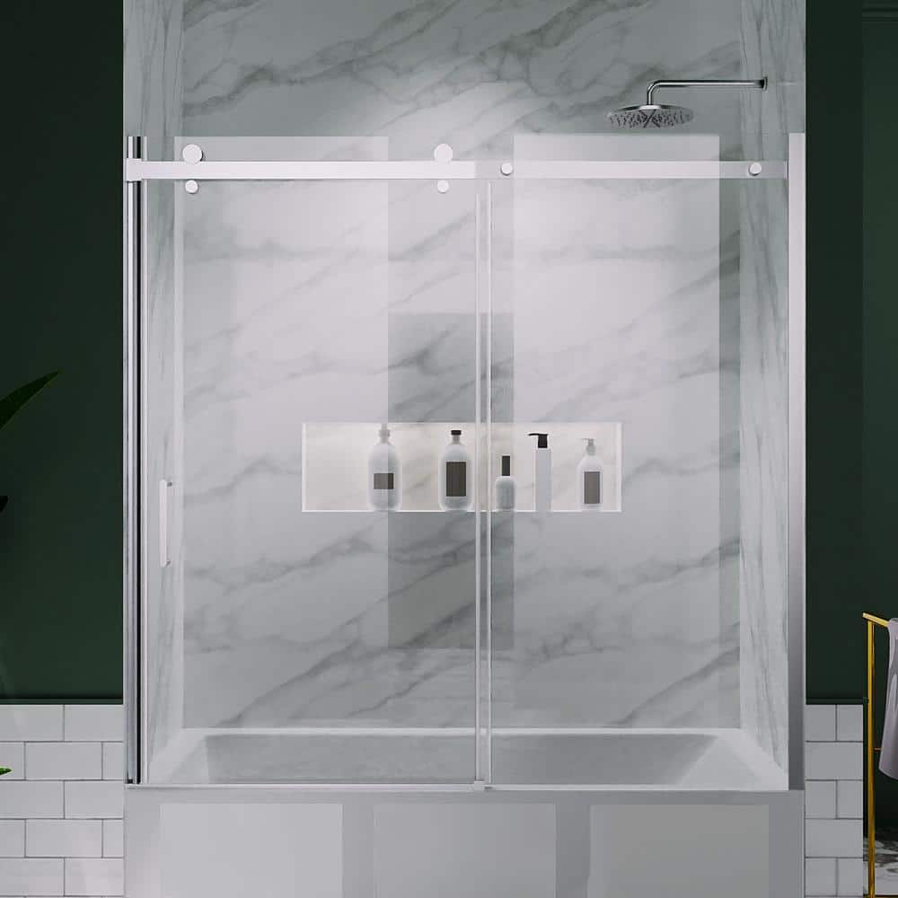 ES-DIY 56 in. W x 58 in. H Sliding Frameless Tub Door in Chrome with 3/ ...