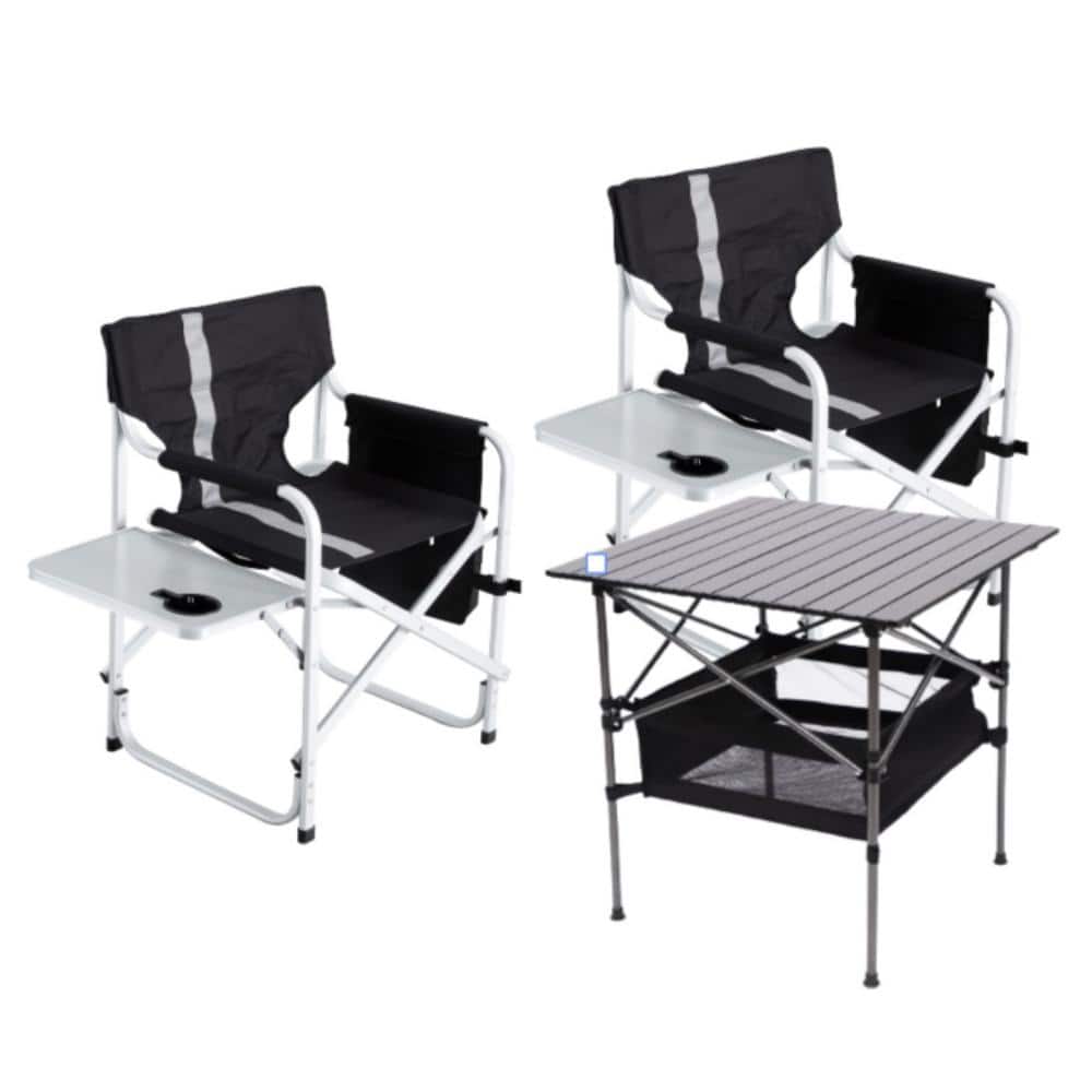 ITOPFOX Black and Gray Aluminum Folding Lawn Chair 2 Armchairs and 1 ...