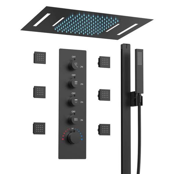 EVERSTEIN 15-Spray 23 in. L x 15 in. W LED Flush Ceiling Mount Waterfall Fixed and Handheld ...