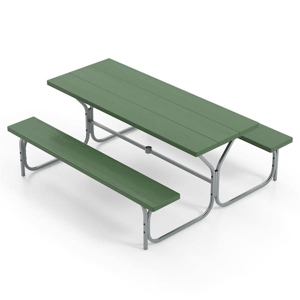 HONEY JOY 72 in. Green Rectangle Metal Frame Picnic Tables Bench Set ...