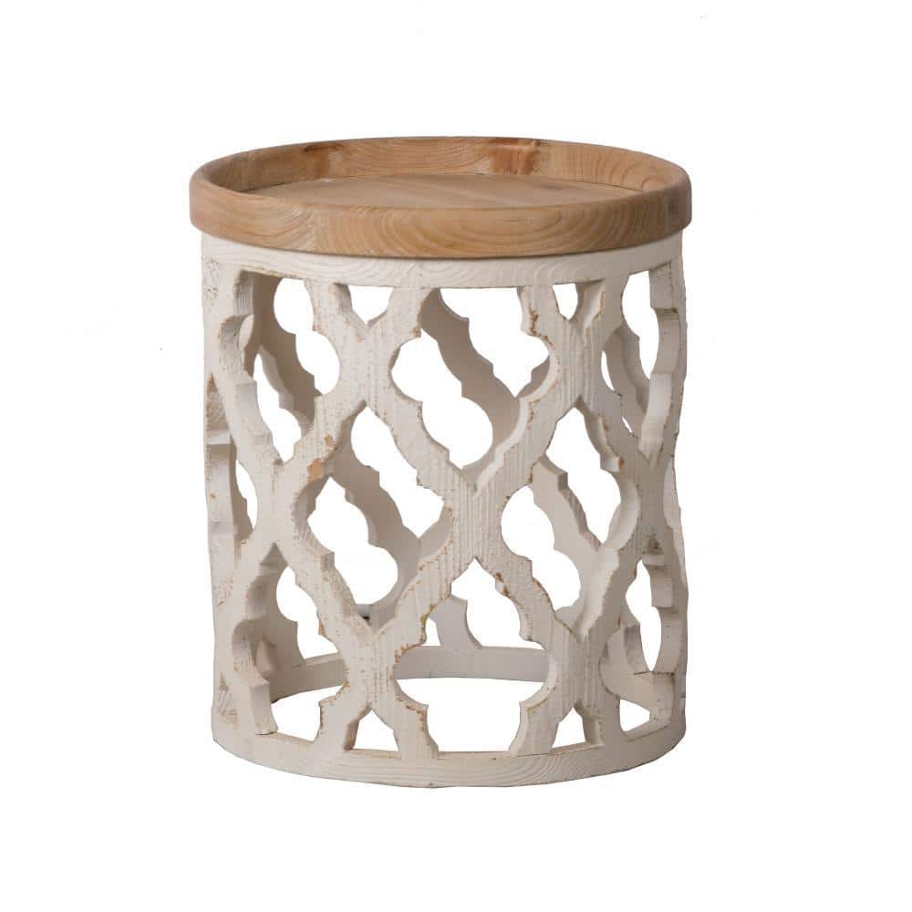 Benjara 20 in. Brown and Cream Round Wood End/Side Table with Wooden ...