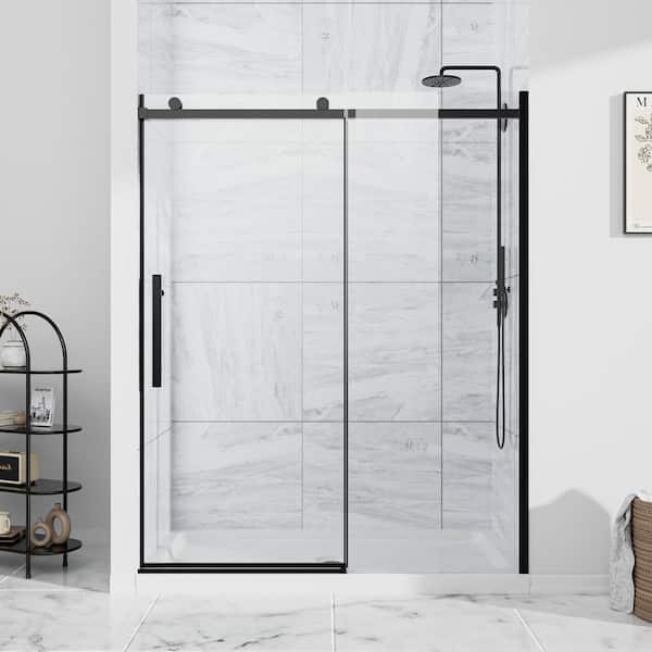 NANAWO Obsidian 48 in. W x 74 in. H Single Sliding Frameless Shower Door in Matt Black with ...