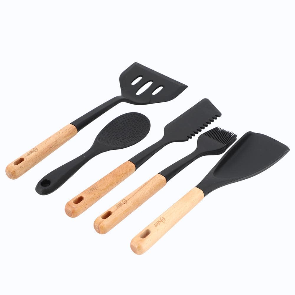 Oster Marion 5-Piece Silicone and Wood Kitchen Tool Set in Black ...