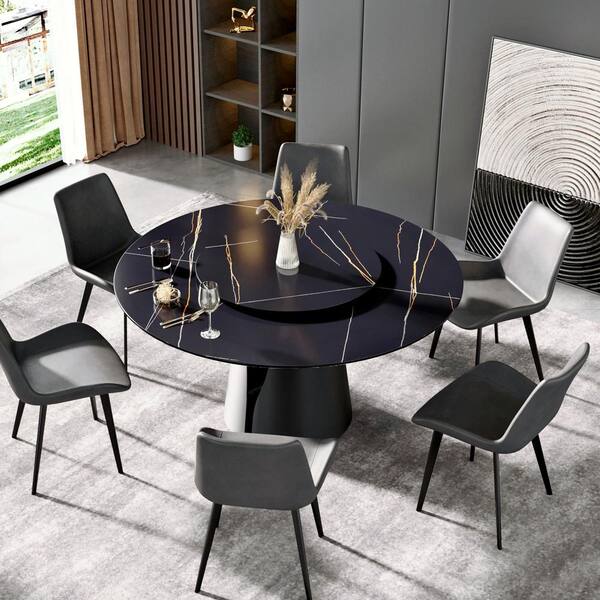 Magic Home 59.05 in. Lazy Susan Rotary Round Black Sintered Stone ...